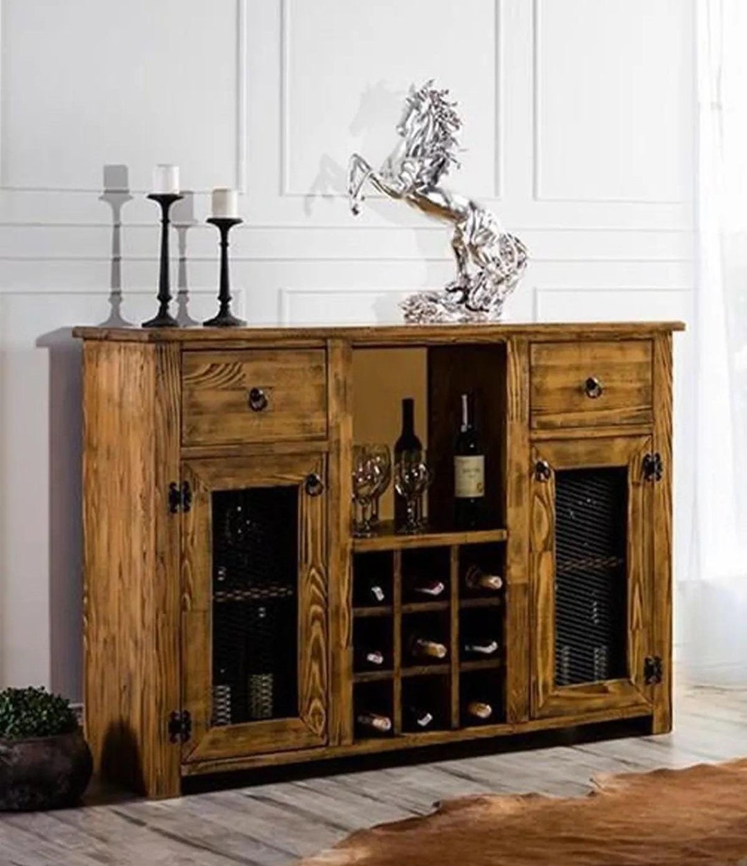 Solid Wood Wine Cabinet, Oak Wood Wine Rack, Rustic Living Room Console ...