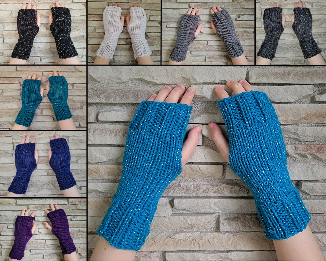 Hand Knit Fingerless Mittens/texting Gloves - Metallic Color Wrist ...