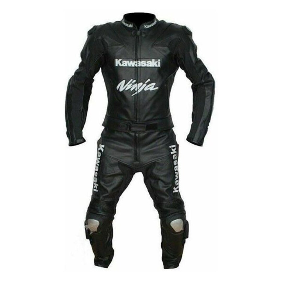 Men's Black Kawasaki Ninja Motorcycle Riding Gear CE Armored Cowhide ...