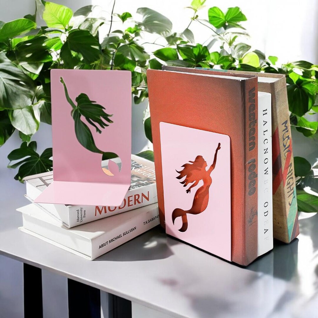 Book Ends- Heavy Duty Elegant Mermaids Pink Metal Bookend for Bookshelf ...