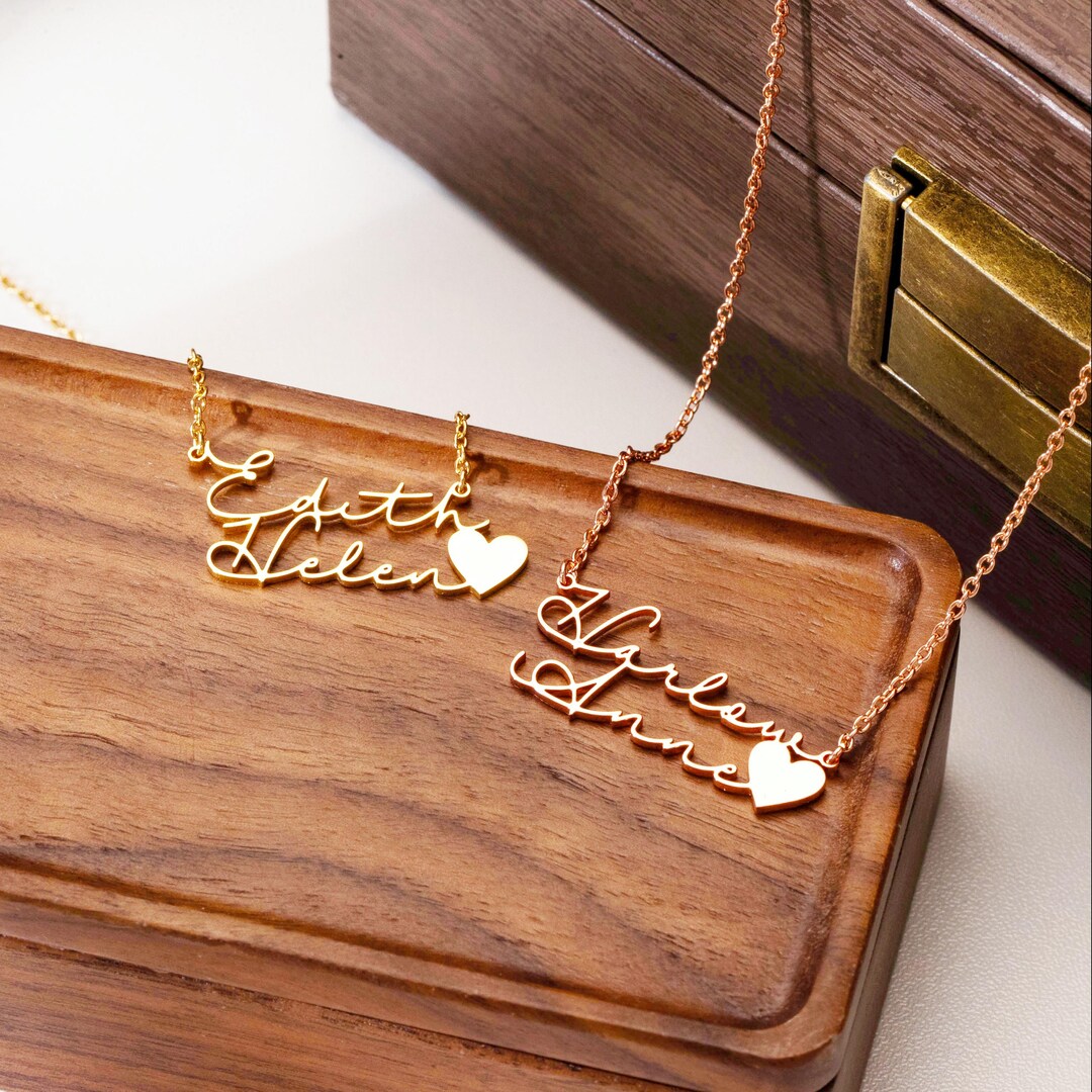 Custom Two Names Necklace With Heart, Personalized Jewelry Gift - Etsy