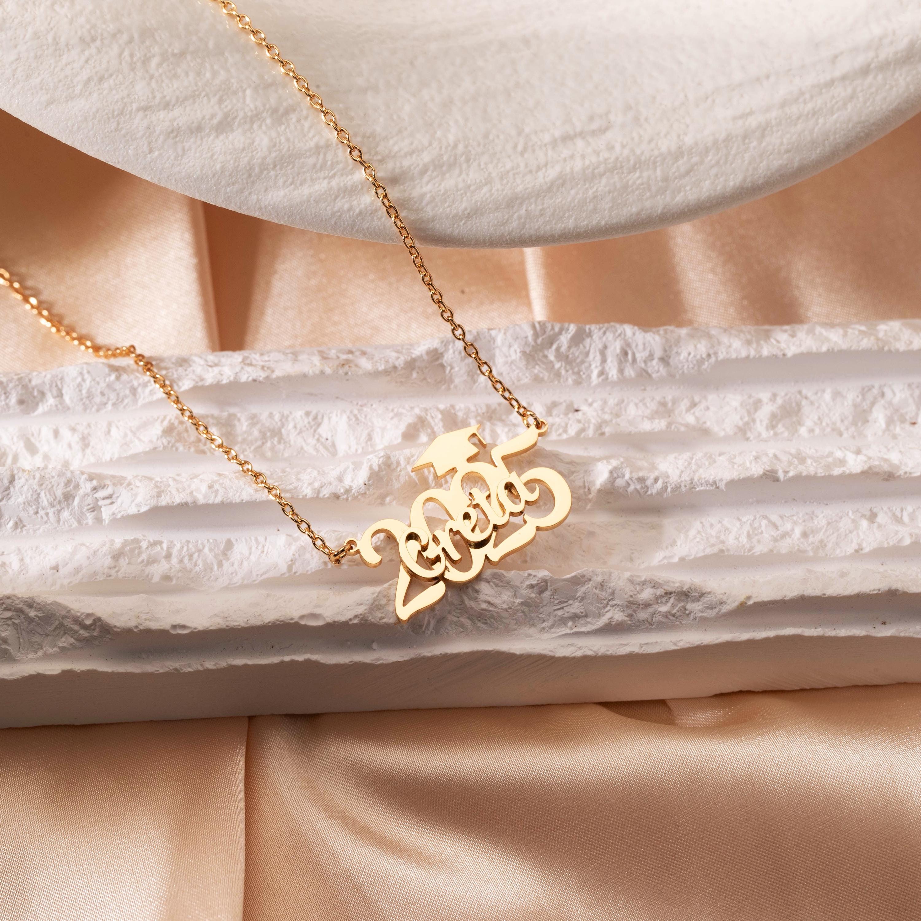 Name Necklace With Graduation Cap, Bachelor Cap Necklace, Grad Jewelry ...