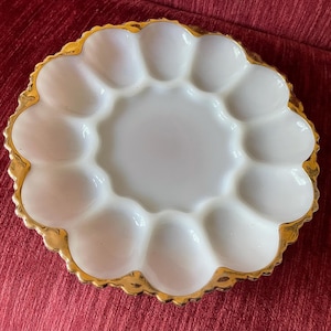 Vintage Anchor Hocking Milkglass Egg Plate - Devilled Egg Platter - Party Platter - Gold Rim ...