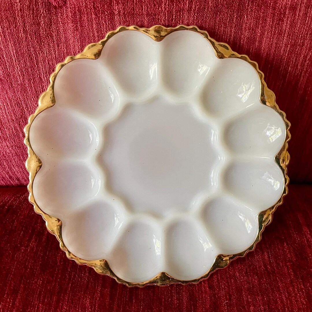 Vintage Anchor Hocking Milkglass Egg Plate - Devilled Egg Platter - Party Platter - Gold Rim ...
