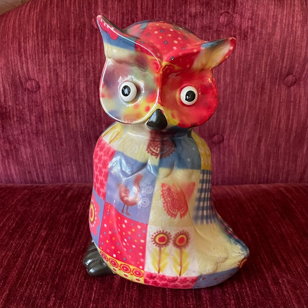 Vintage Patchwork Owl Coin Bank - Retro Ceramic Owl Shelf Decor ...