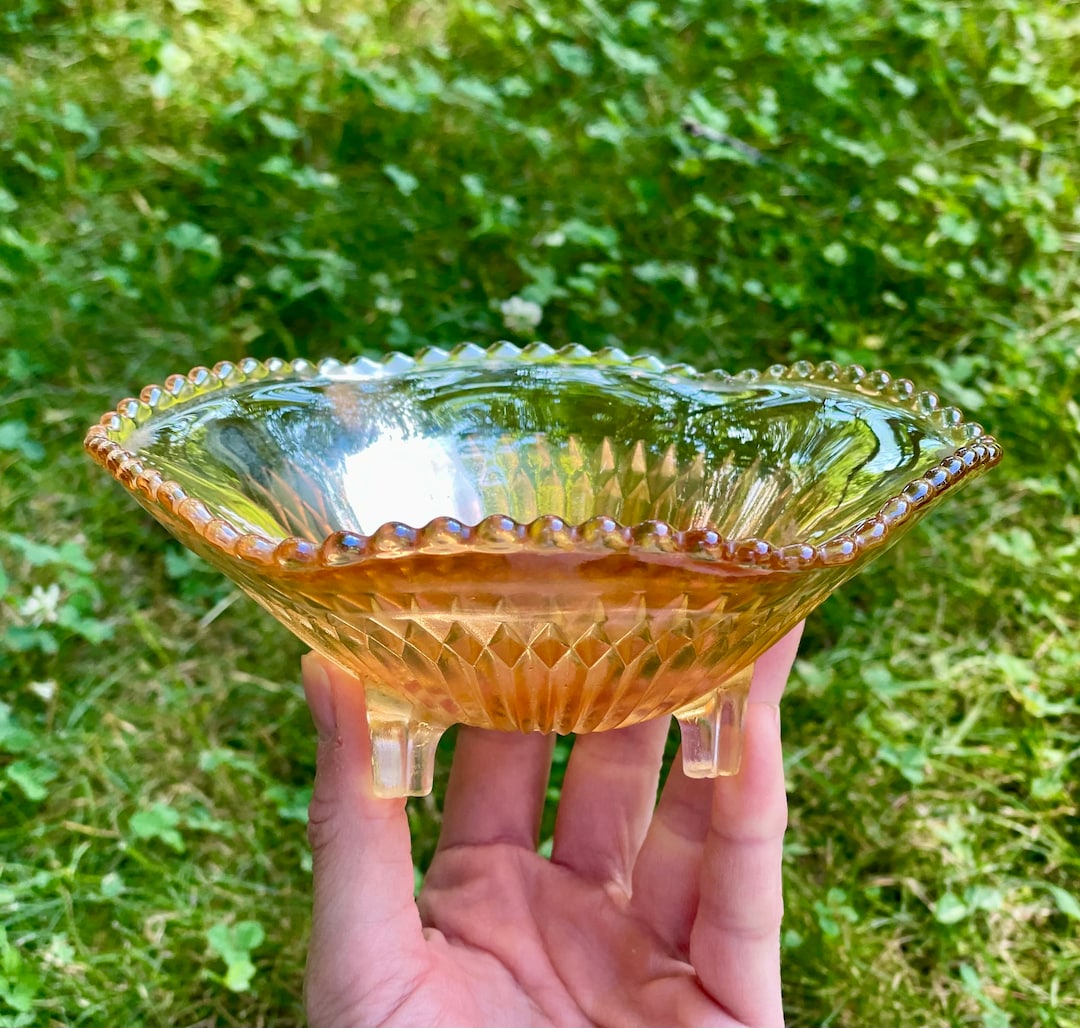 Vintage Marigold Carnival Glass Candy Dish - Peach Iridescent Bowl ...