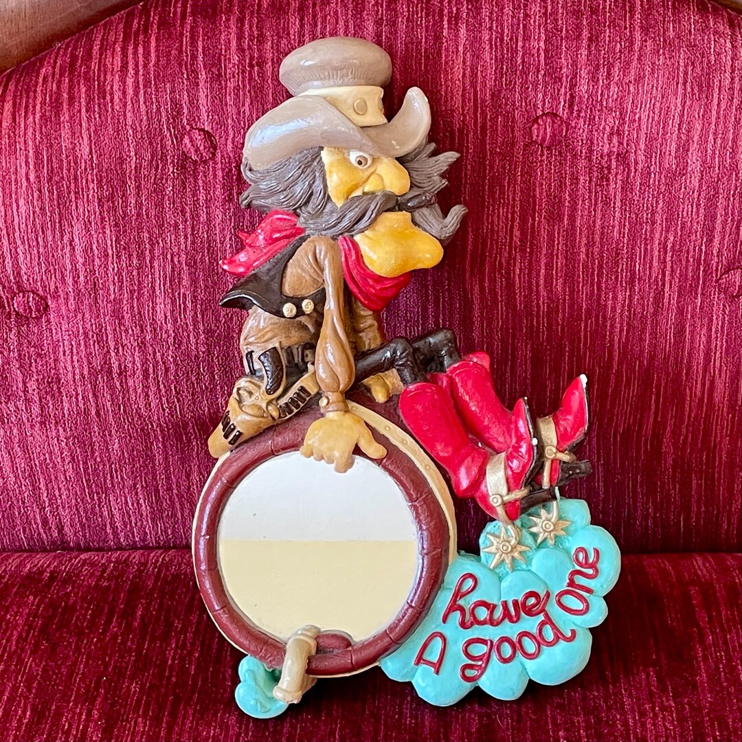 Vintage Cowboy on a Barrel Figural Mirror - “have a Good One” Painted ...