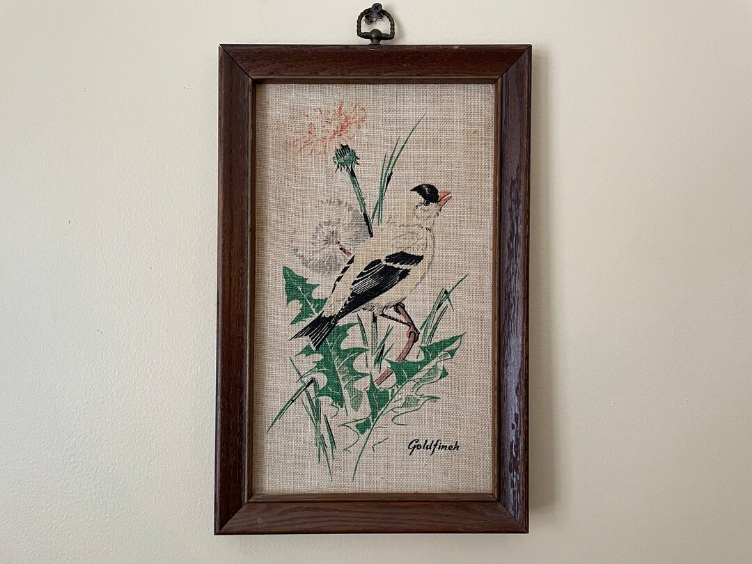 Vintage Kaydee Handprints Linen Goldfinch and Dandelion Print in Frame ...