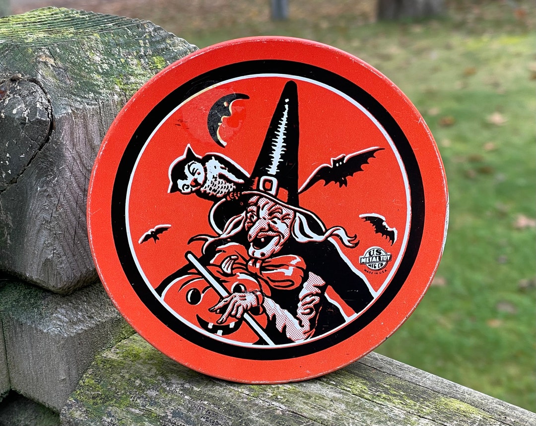 Vintage Tin Litho Halloween Noisemaker With Witch, Owl, Bats, Moon - US ...