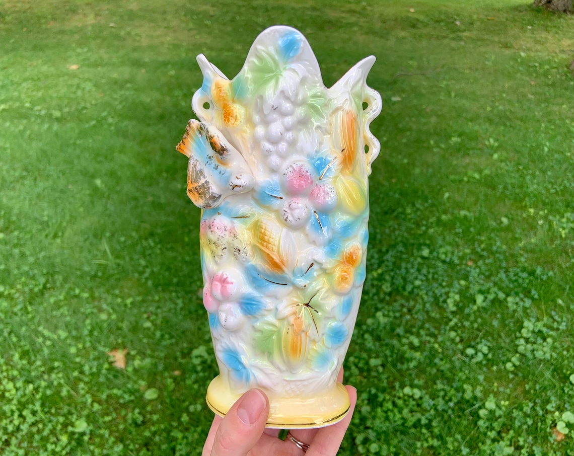 Vintage Betson Bird and Fruit Vase - Pastel and Gold Hand Painted Vase ...