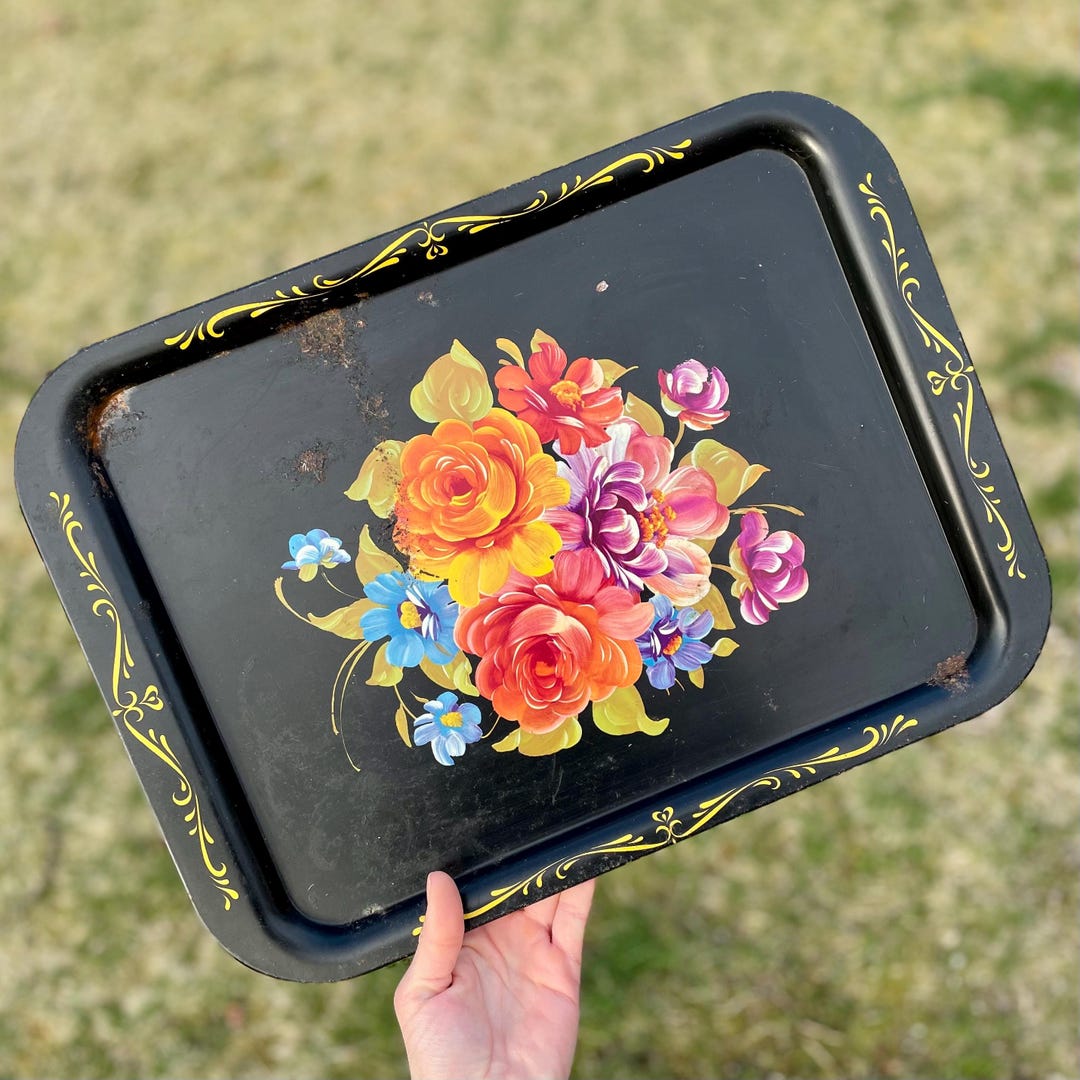 Vintage Black Floral Tray - Colorful Flowers Tray - Printed Floral ...