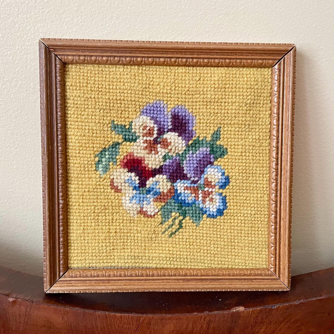 Vintage Pansies Needlepoint Art - Square Artwork in Vintage Wood Frame ...