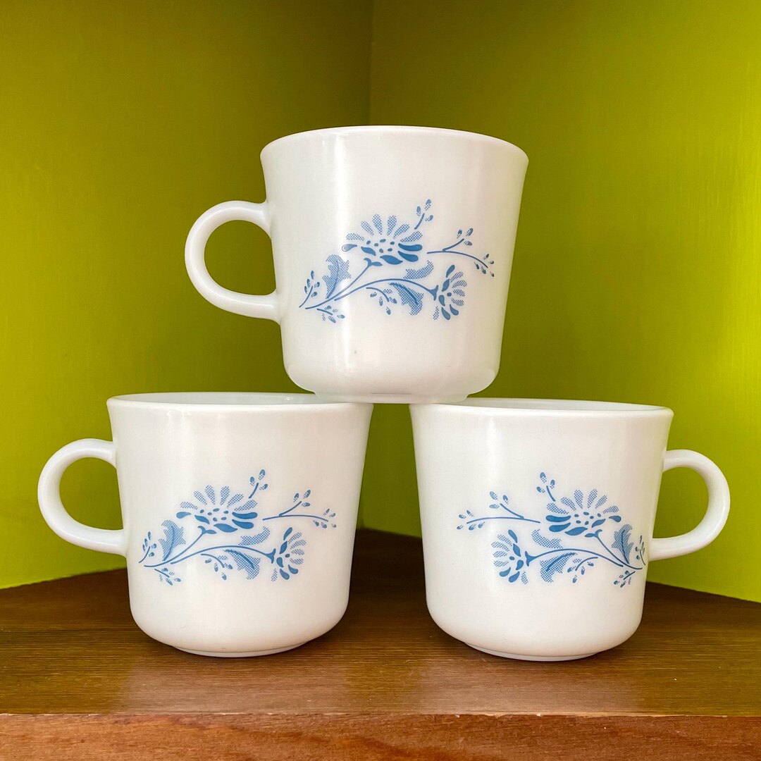 Set of 3 Corning USA Coffee Cups in Colonial Mist Pattern - White Mugs ...