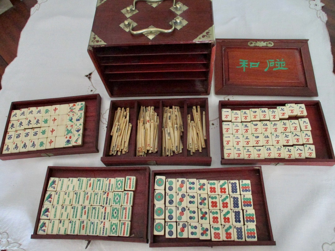 Antique Carved Mah Jongg Bone and Bamboo Game Box - 1920s, Chinese ...