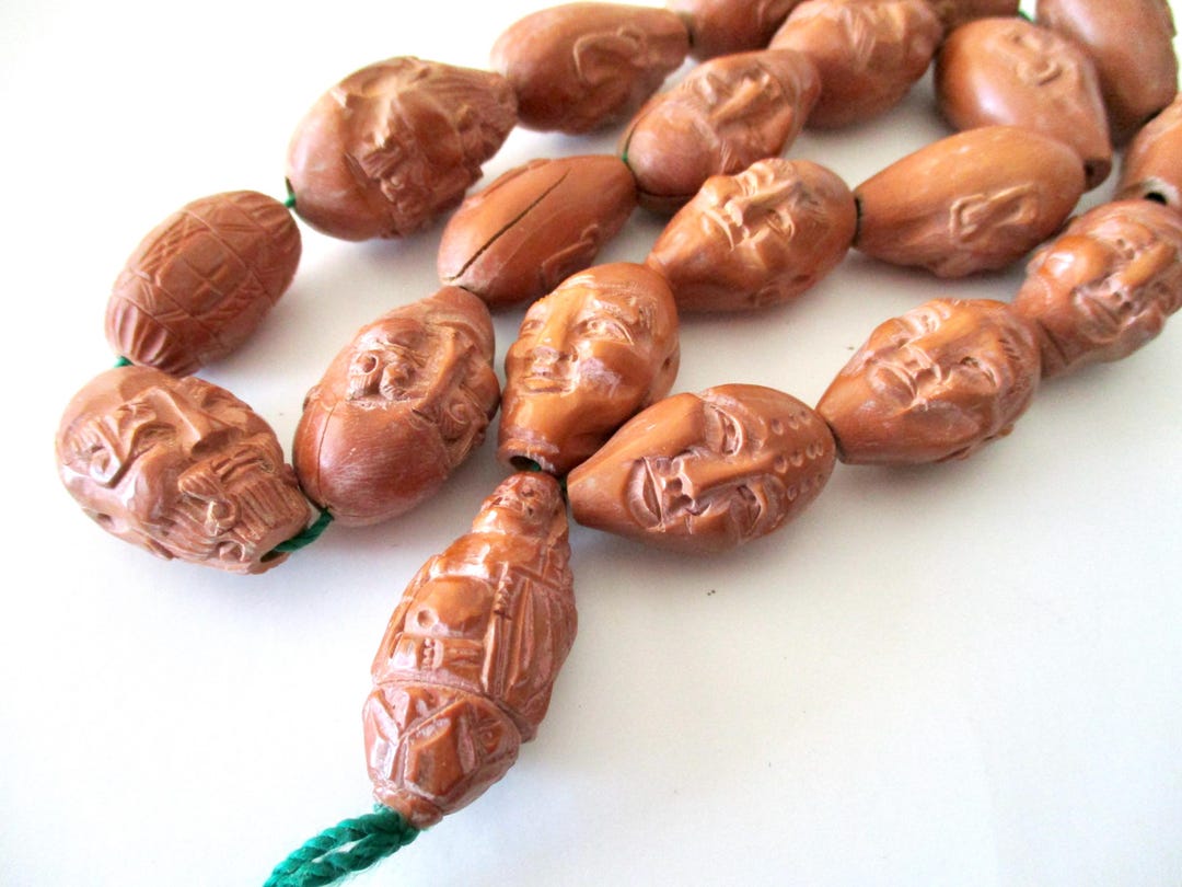 20 Hand Carved Chinese Hediao Olive Nut Lohan Buddha Beads - Strand ...