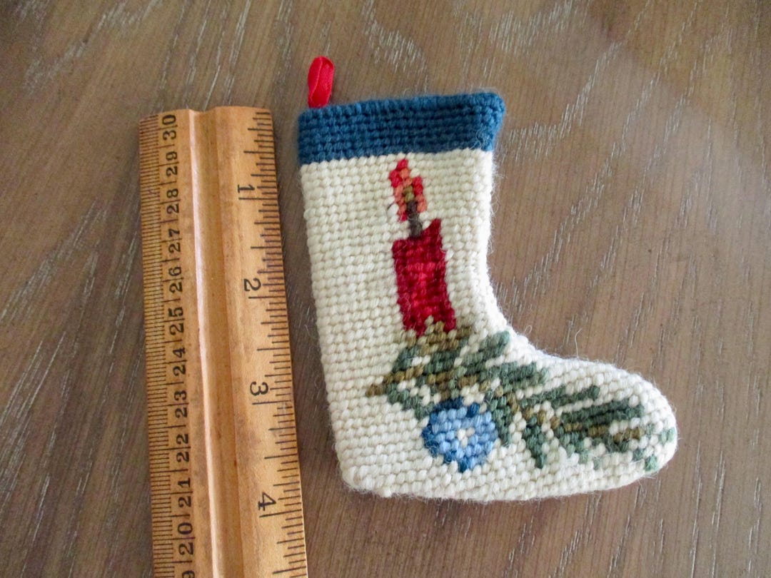 Tiny Needlepoint Christmas STOCKING Ornament - Lit Candle With Ornament ...