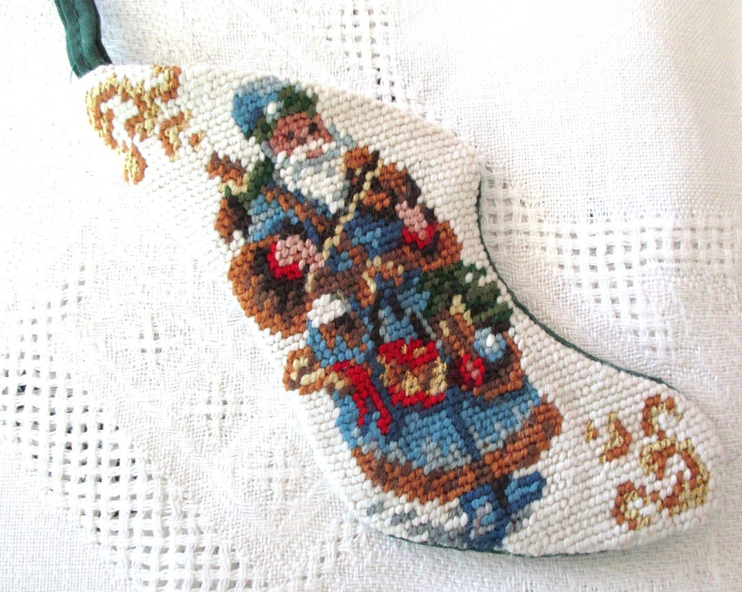 Tiny Needlepoint Christmas STOCKING Ornament With Santa and Violin ...