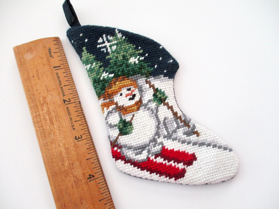 Tiny Needlepoint Christmas STOCKING Ornament With Snowman, Skiing, Mini ...