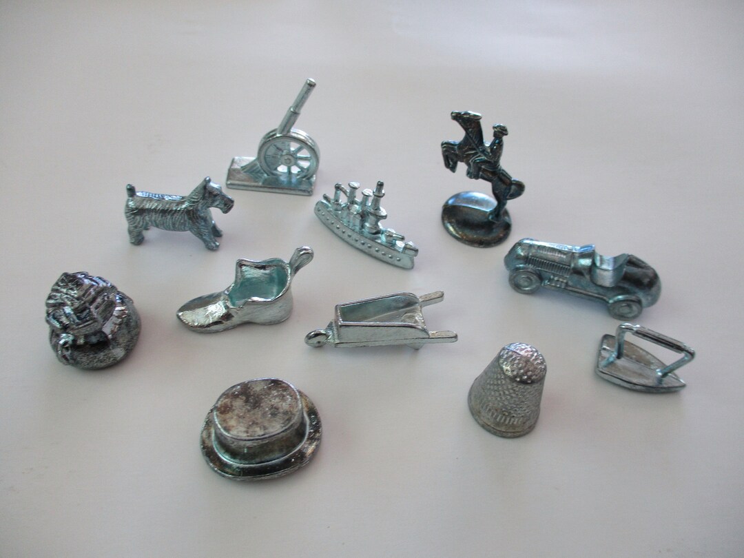 11 Vintage Monopoly Game Markers Scottie Dog, Race Car, Thimble, Cannon ...