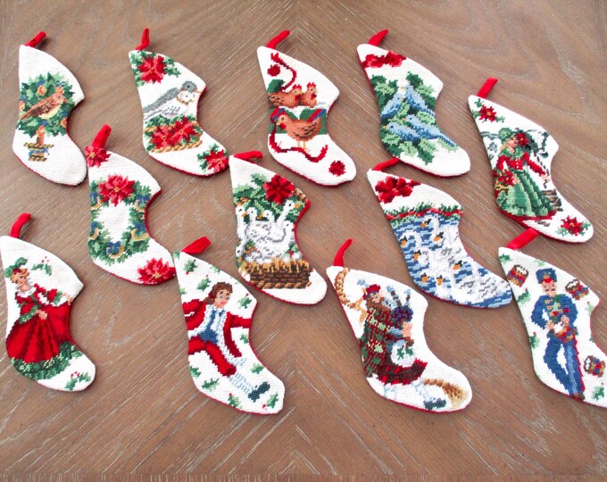 Twelve Days of Christmas Set of 12 Tiny Needlepoint Christmas Stocking ...