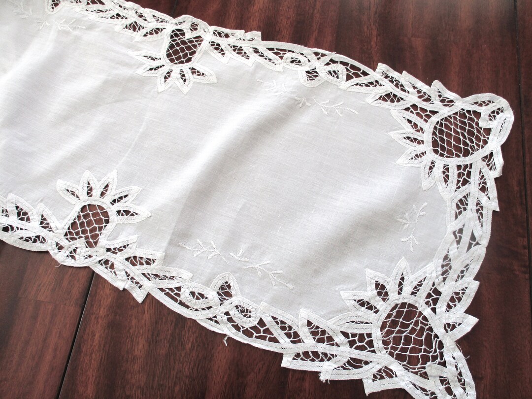Battenburg Lace DRESSER Scarf- 50" Long, White Cotton, Table Runner ...