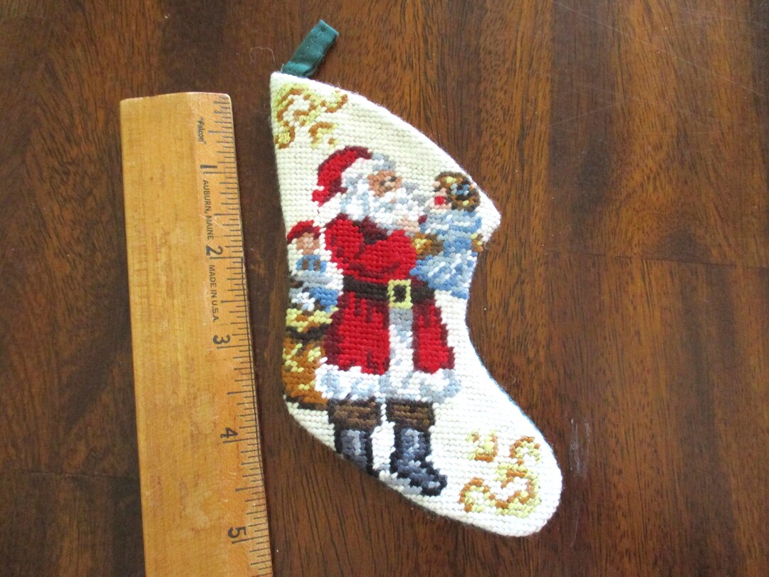 Mini Needlepoint Christmas Stocking Ornament: Santa Holding a Little ...