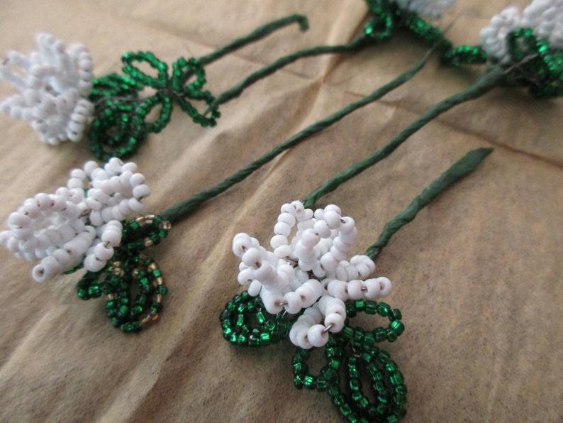 5 Stems of French Beaded White Flowers and Leaves on Wire | Etsy