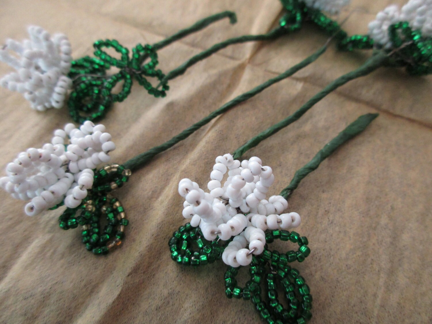 5 Stems of French Beaded White Flowers and Leaves on Wire | Etsy