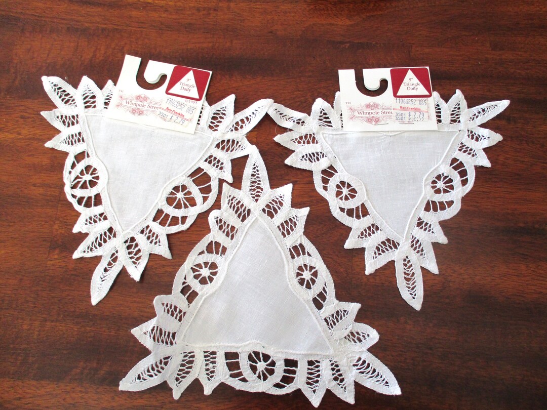3 New Old Stock 9" Battenburg Lace Doilies -linen, Cotton, Triangle ...
