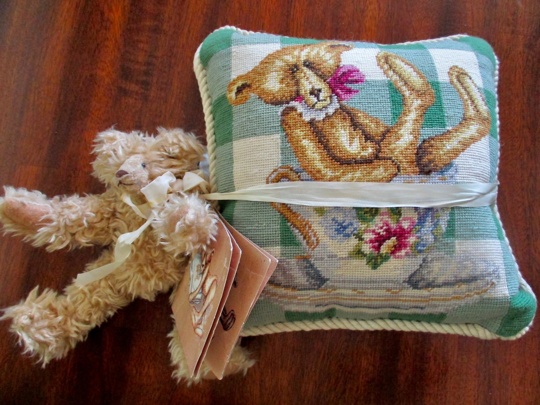Needlepoint Pillow Steiff Teddy Bear in Floral Teacup With Posable ...