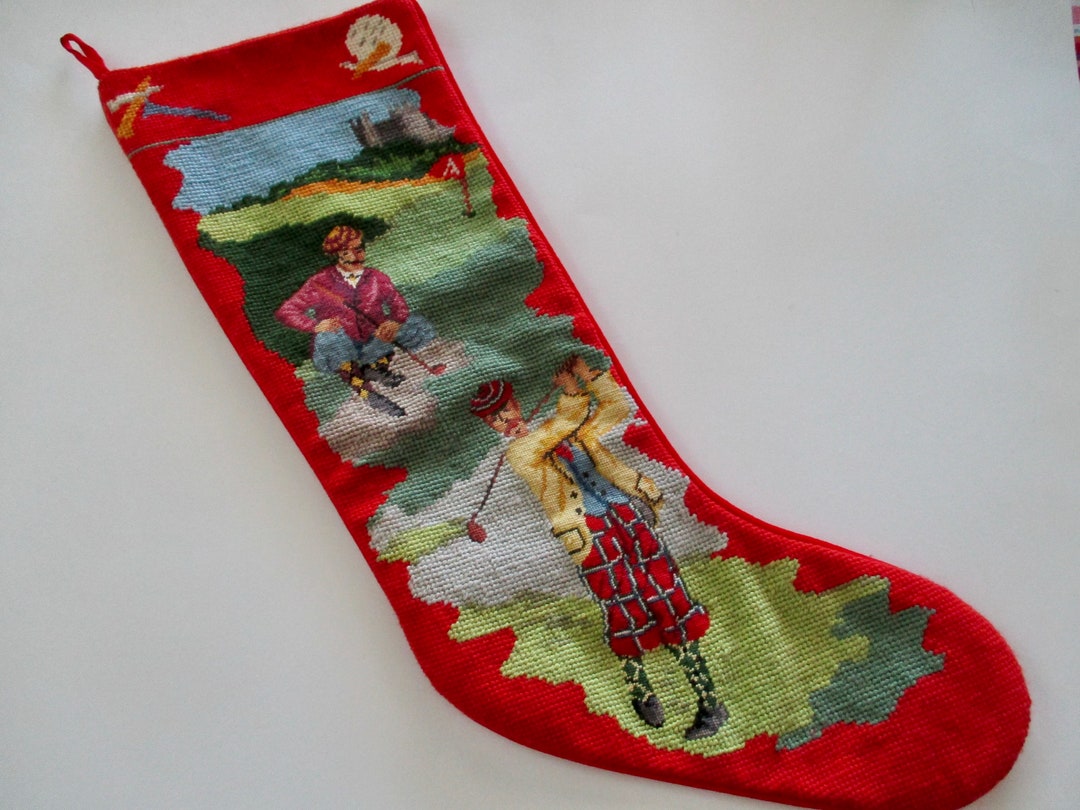 Steinwinder Needlepoint CHRISTMAS STOCKING With Two Golfers Wearing ...
