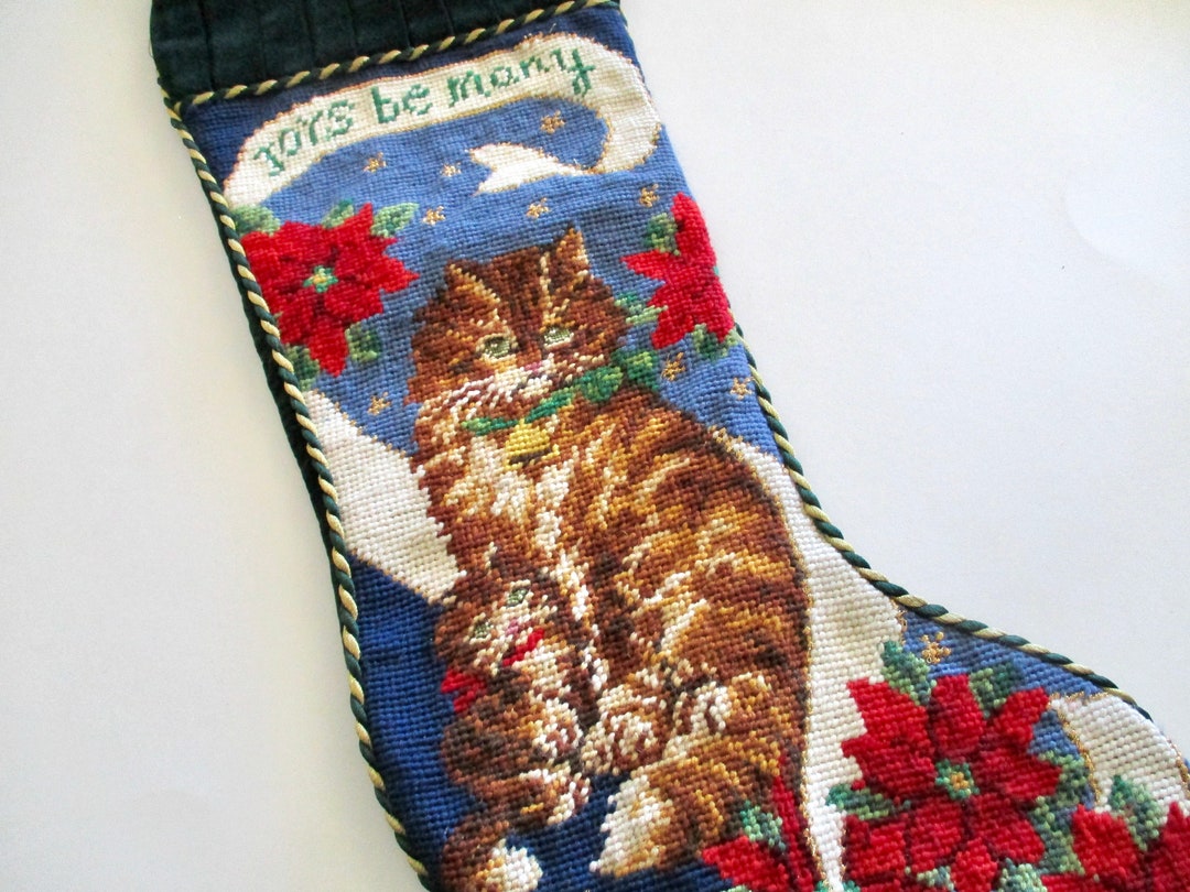 Needlepoint CHRISTMAS STOCKING Tabby Mother Cat With Her Kitten, Green ...