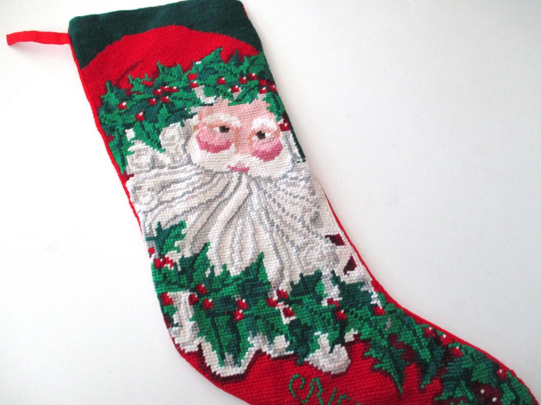 Vintage Needlepoint Christmas Stocking: Santa Face, NOEL, Holly - Etsy