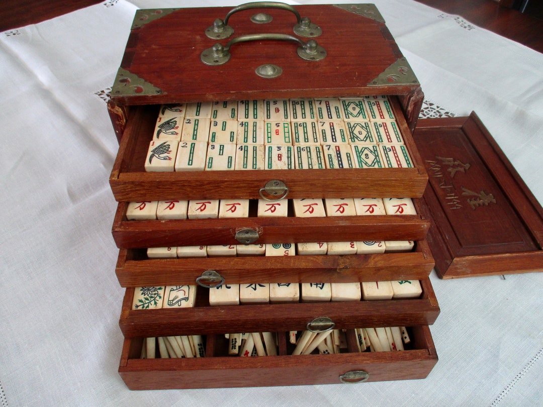 Antique Carved Mah Jongg Bone and Bamboo Game Box - 1920s, Chinese ...