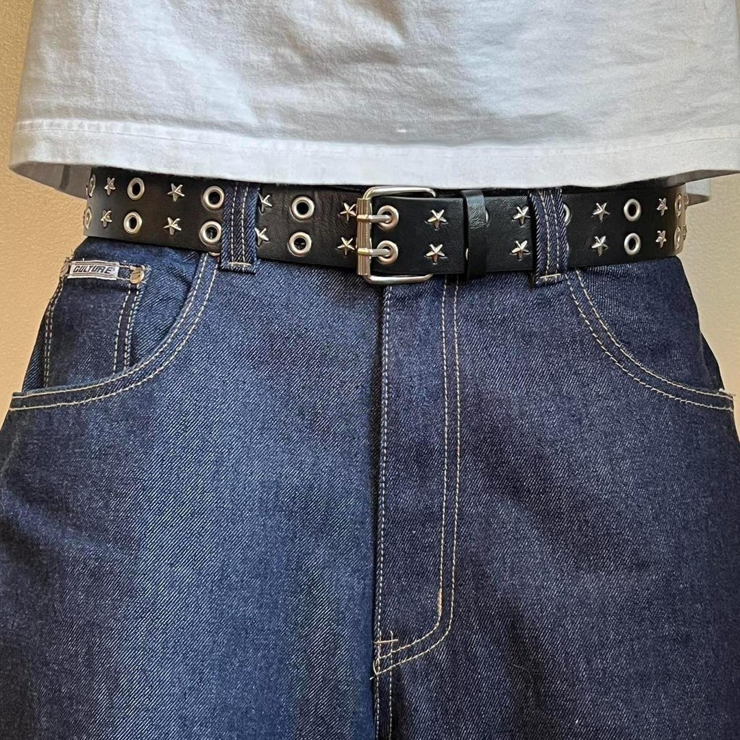 Black Star Studded Belt – Punk Double Prong Grommet Belt for Men ...