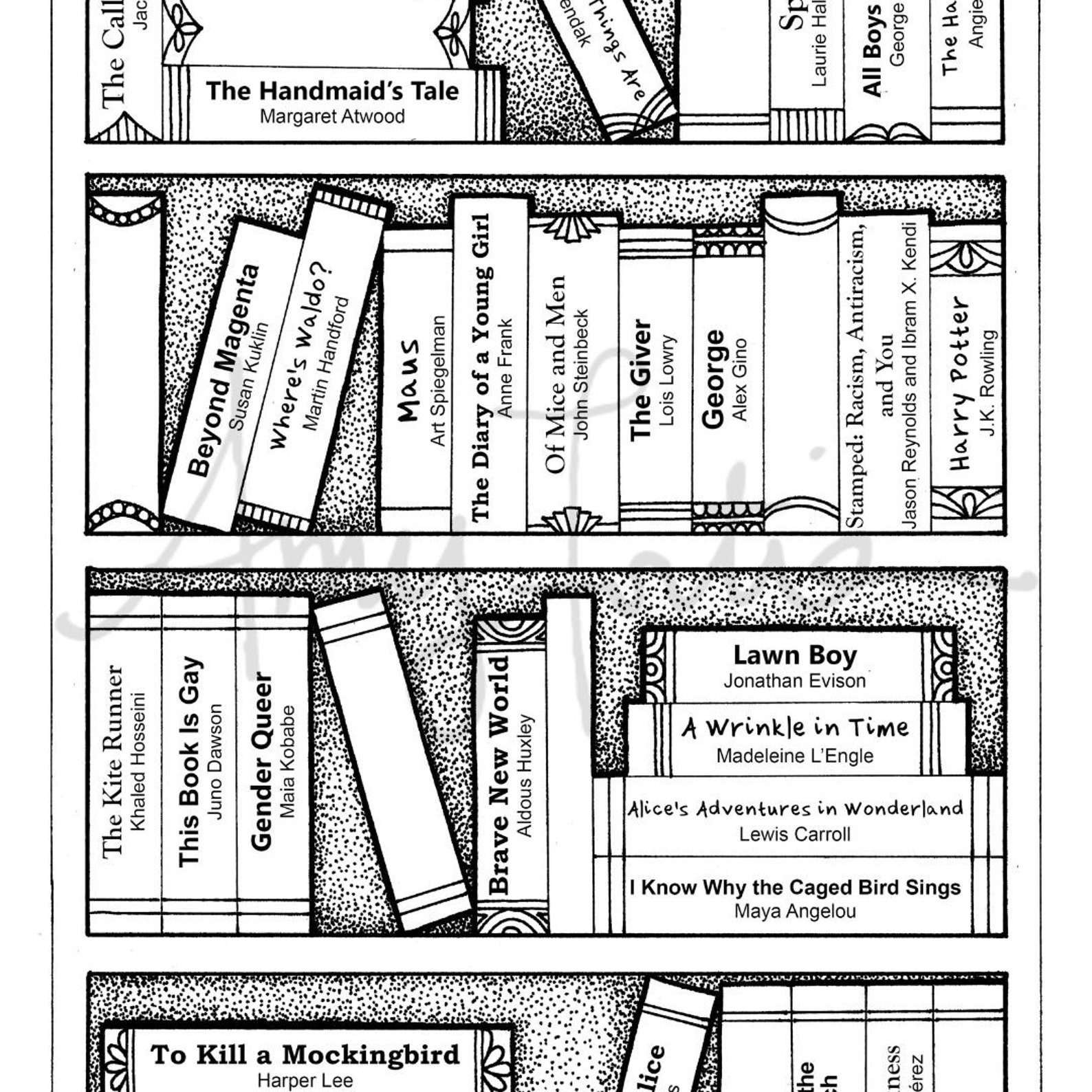 Banned Book List Coloring Poster - Hand Drawn Design, 11 X 17 Inch, 80 ...
