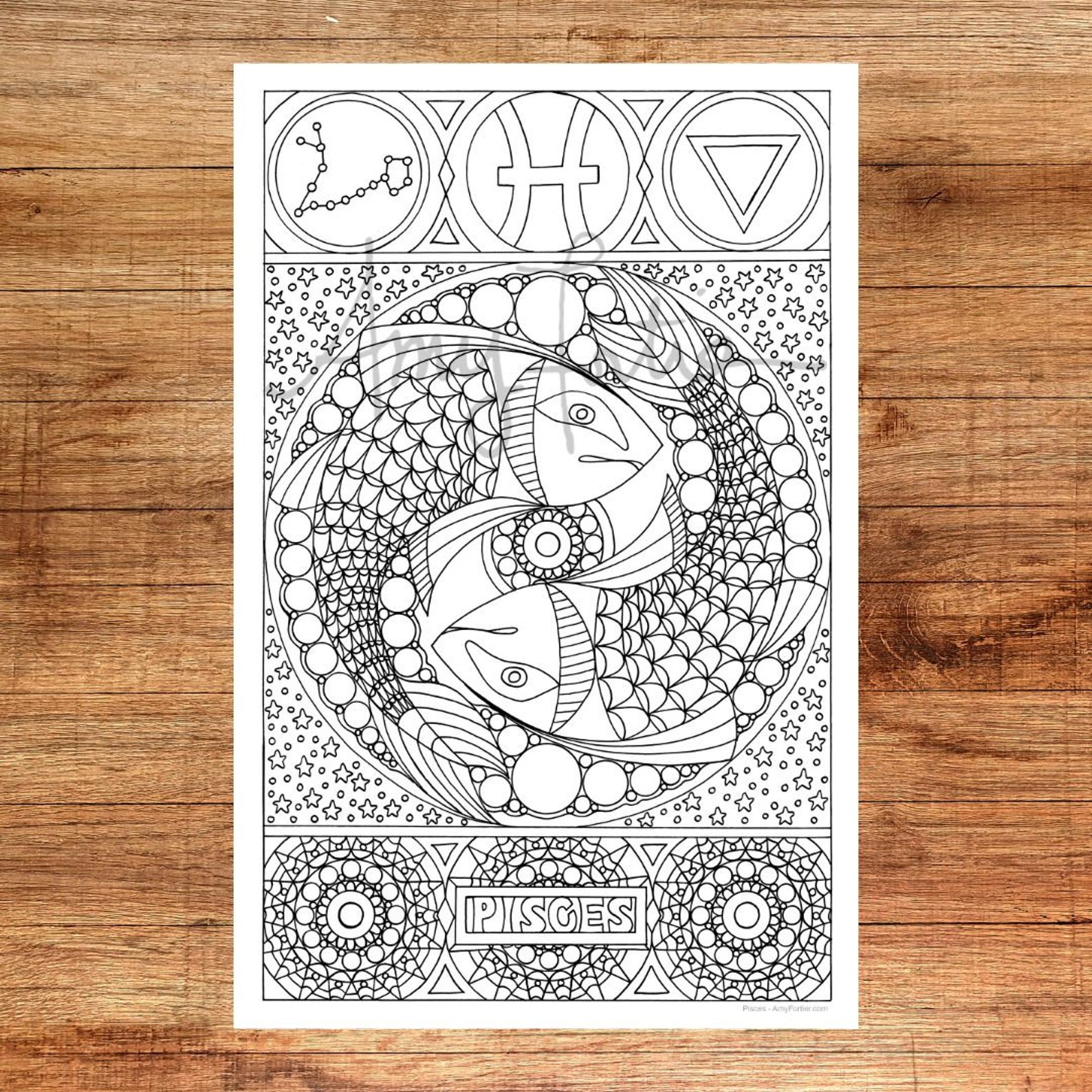 Pisces Coloring Poster Hand Drawn Design, 11 X 17 Inch, 80 Card Stock ...