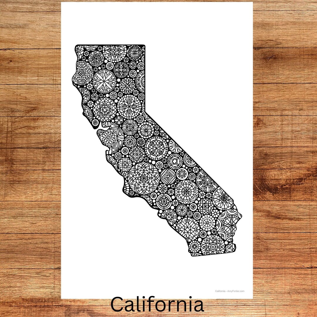 California Coloring Poster - Hand Drawn Mandala Design, 11 X 17 Inch ...