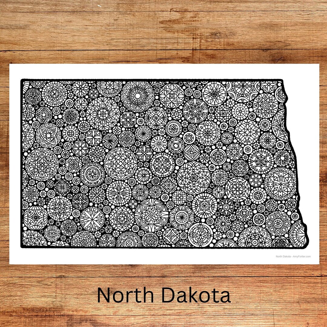 North Dakota Coloring Poster - Hand Drawn Mandala Design, 11 X 17 Inch ...