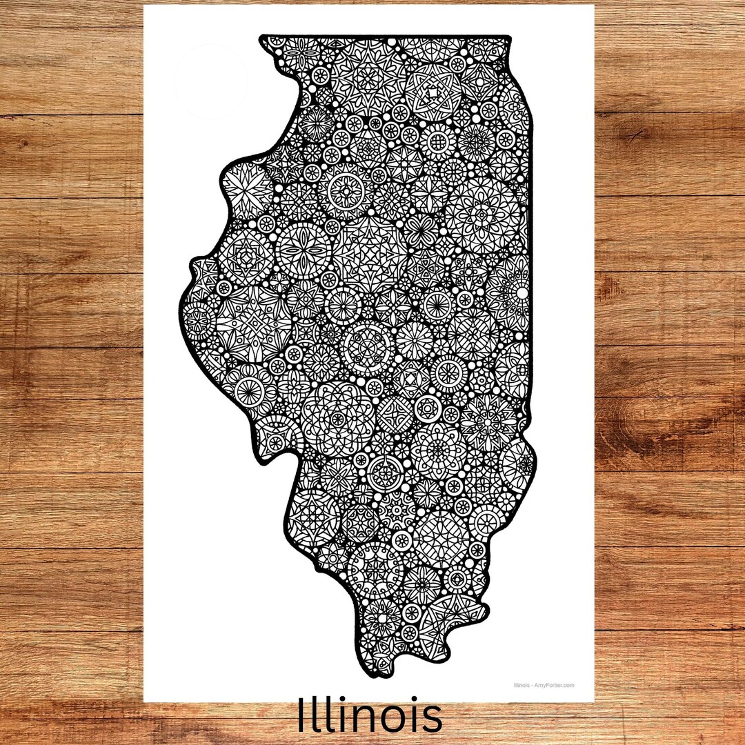 Illinois Coloring Poster - Hand Drawn Mandala Design, 11 X 17 Inch, 80 ...