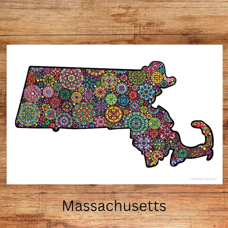 Massachusetts Coloring Poster - Hand Drawn Mandala Design, 11 X 17 Inch ...