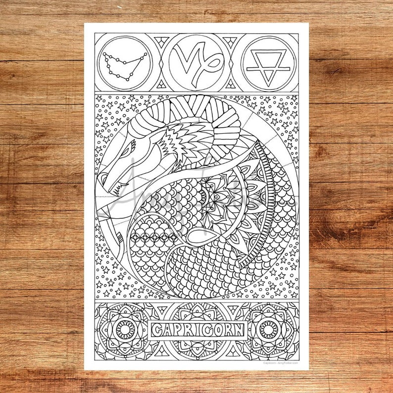 Capricorn Coloring Poster - Hand Drawn Design, 11 X 17 Inch, 80# Card ...