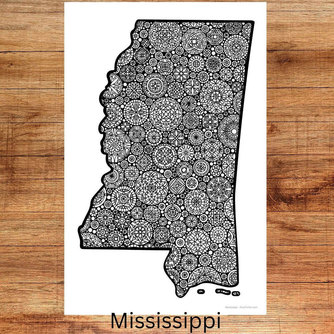 Mississippi Coloring Poster - Hand Drawn Mandala Design, 11 X 17 Inch ...