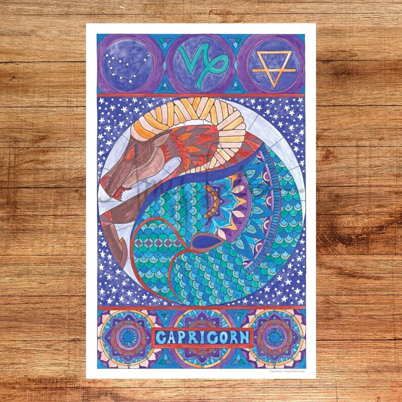 Capricorn Coloring Poster - Hand Drawn Design, 11 X 17 Inch, 80# Card ...
