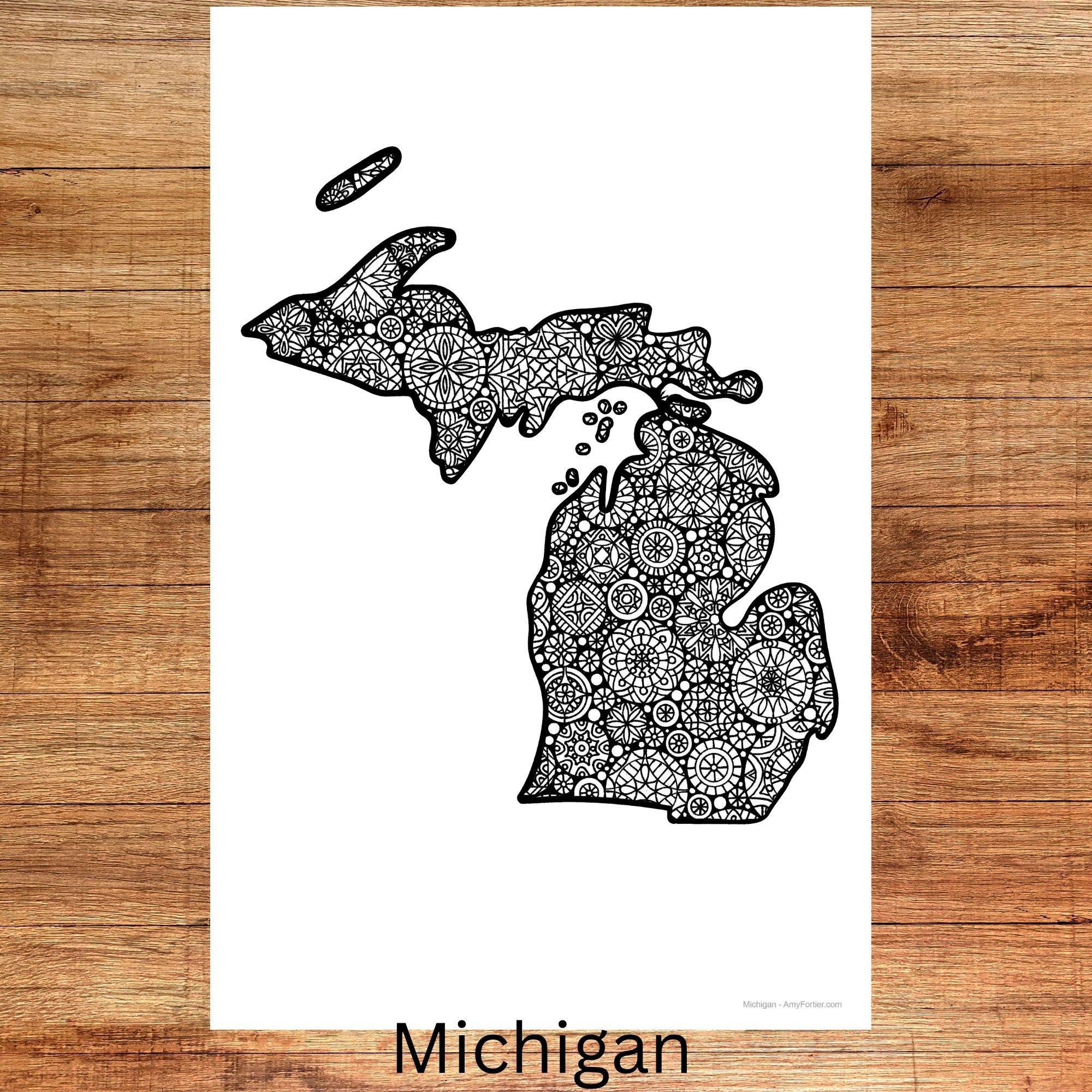 Michigan Coloring Poster - Hand Drawn Mandala Design, 11 X 17 Inch, 80 ...