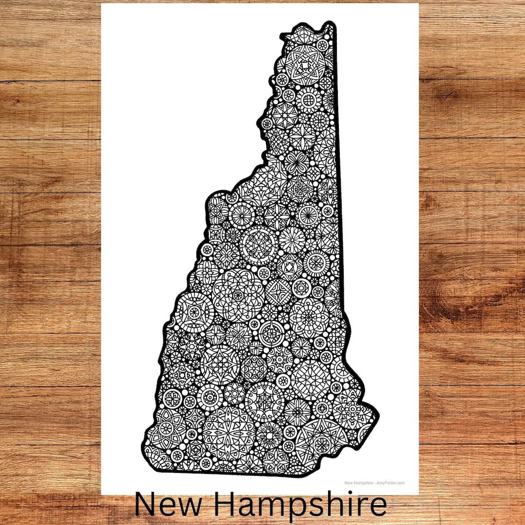 New Hampshire Coloring Poster - Hand Drawn Mandala Design, 11 X 17 Inch ...