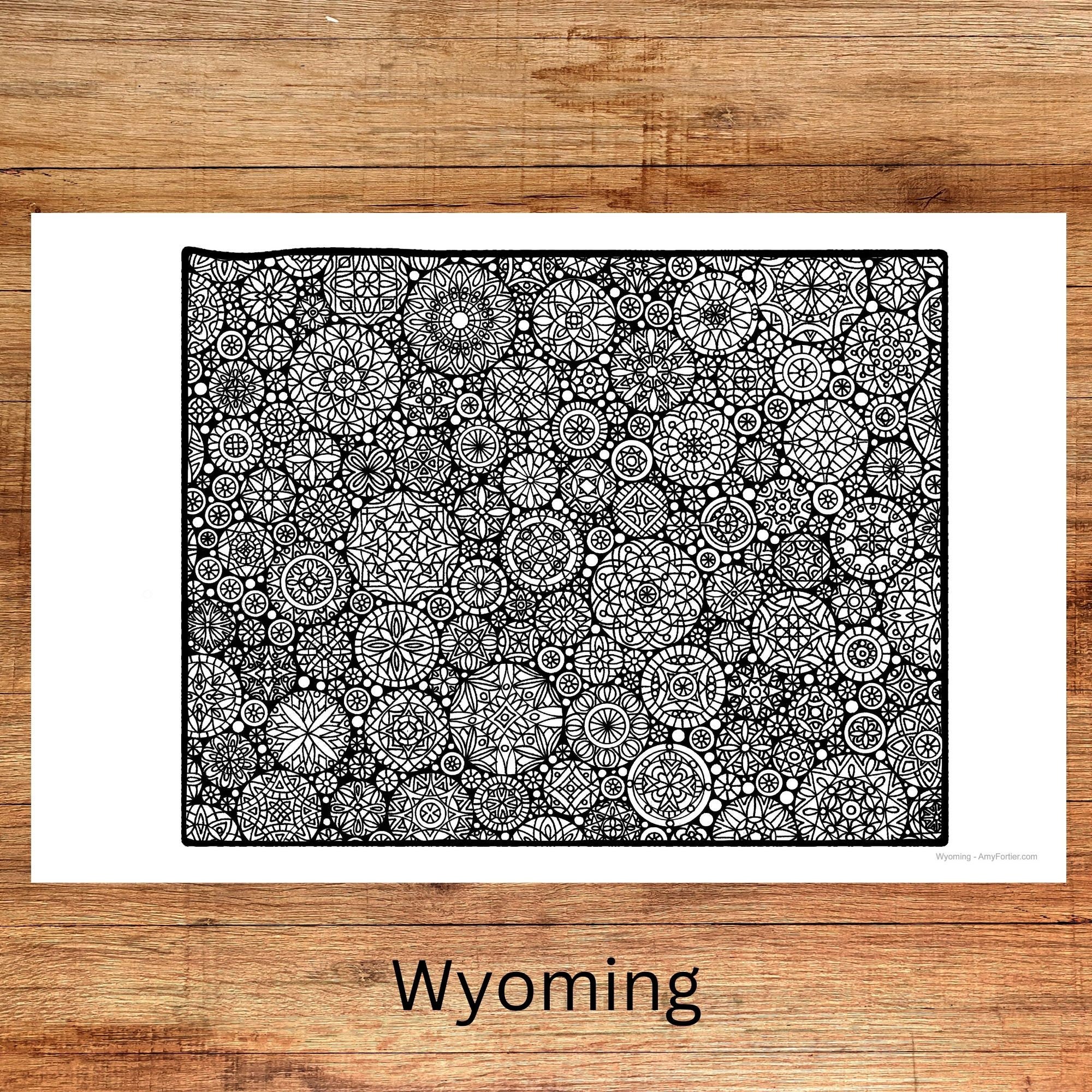 Wyoming Coloring Poster - Hand Drawn Mandala Design, 11 X 17 Inch, 80 ...