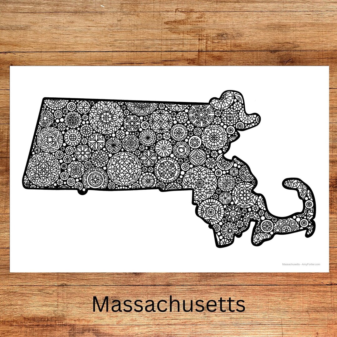 Massachusetts Coloring Poster - Hand Drawn Mandala Design, 11 X 17 Inch ...