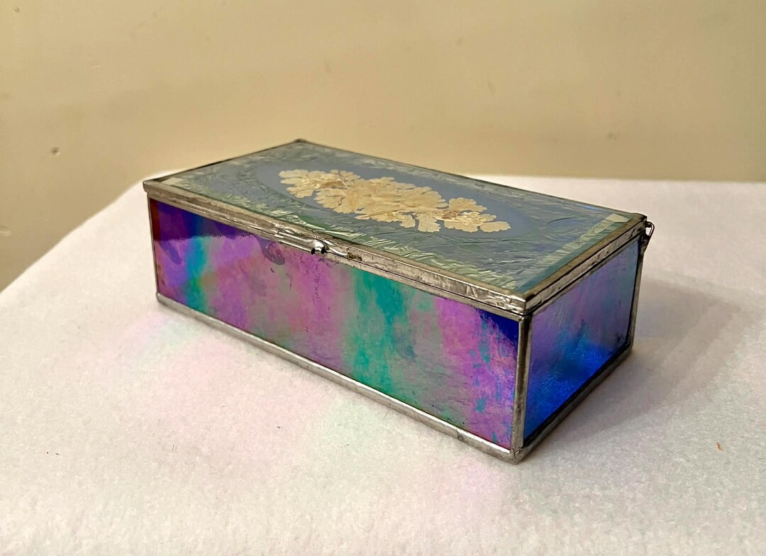 Vintage Handmade Stained Glass Keepsake, Jewlery Box. Iridescent Blue ...