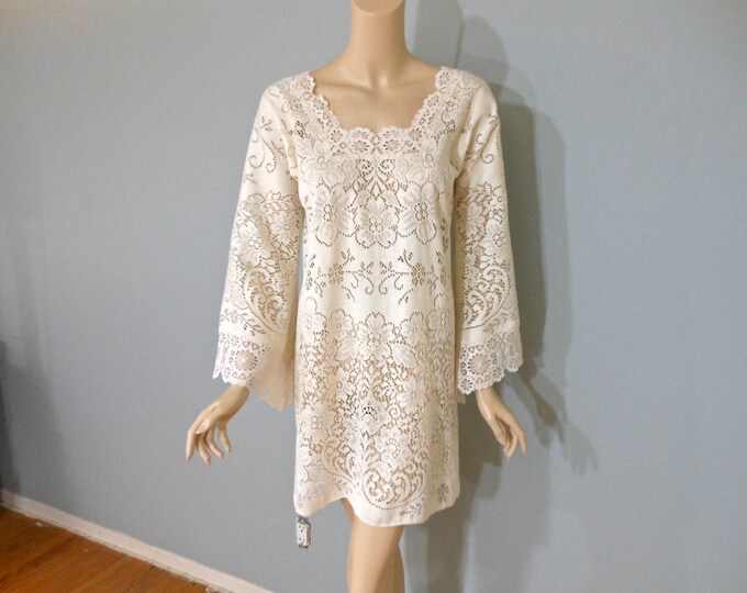 Cream LACE Mini Dress Bell Sleeve Boho WEDDING Dress Festival - Etsy